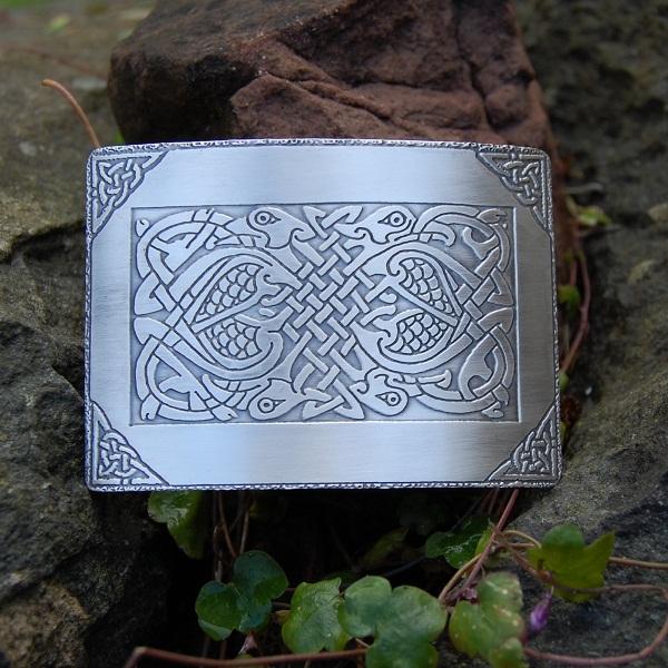(KB04) Matt Silver Celtic Birds Kilt Buckle